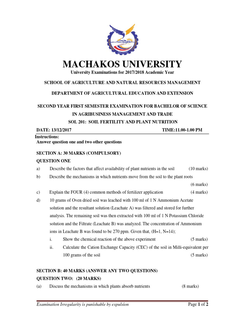 Sol 201 Soil Fertility and Plant Nutrition | PDF | Plant Nutrition | Soil