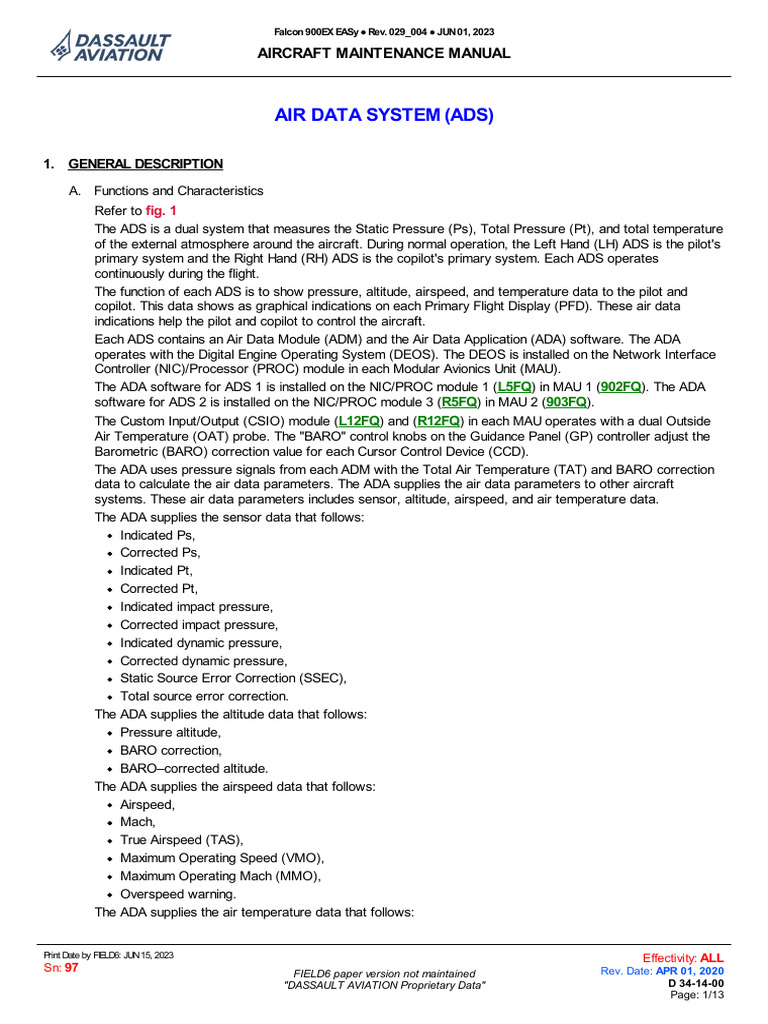 Falcon 900EX Air Data System Overview | PDF | Airspeed | Aviation