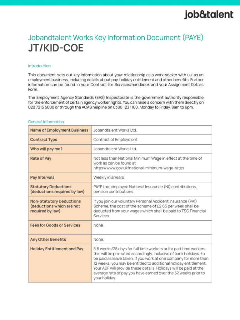 JT - KID (COE) - Key Information Document (Contract of Employment ...
