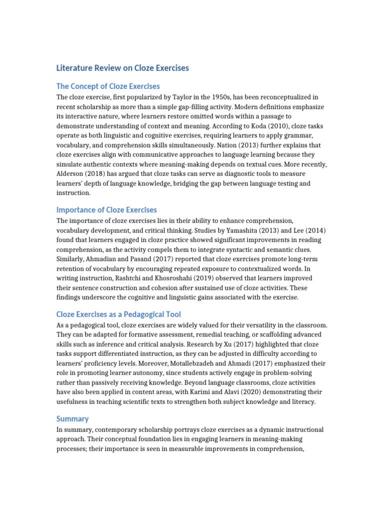 Literature Review Cloze Exercises | PDF | Reading Comprehension | Learning