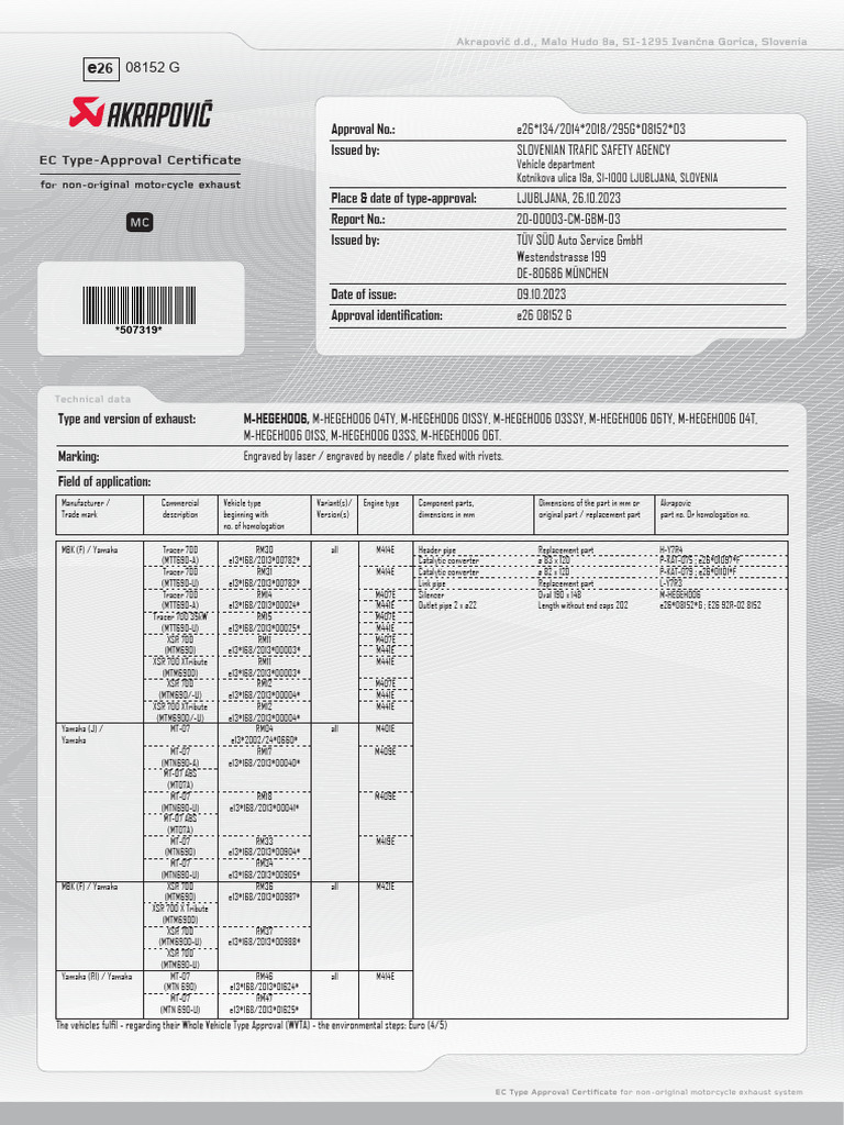 Approval No.: Issued By: Place & Date of Type-Approval: Report No ...