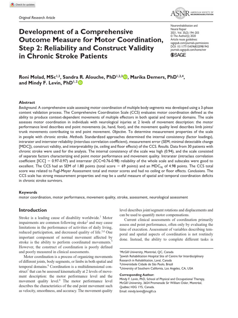 Molad Et Al 2020 Development of A Comprehensive Outcome Measure | PDF ...