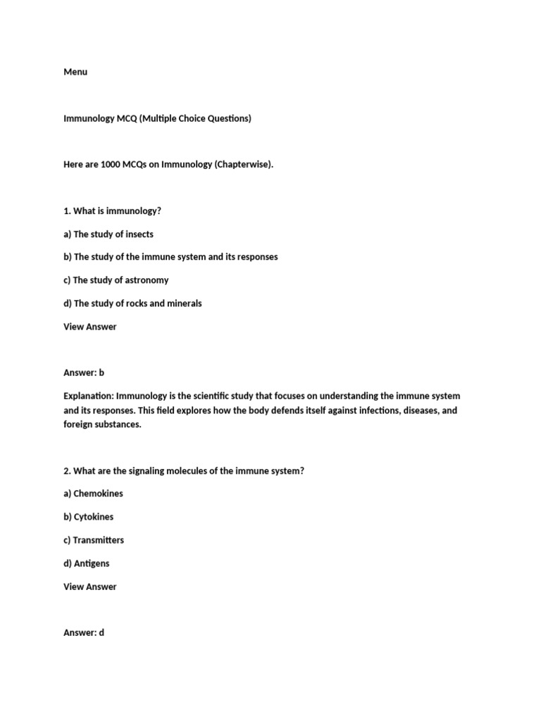 1000 Immunology MCQs for Study | PDF | T Cell | Lymphatic System