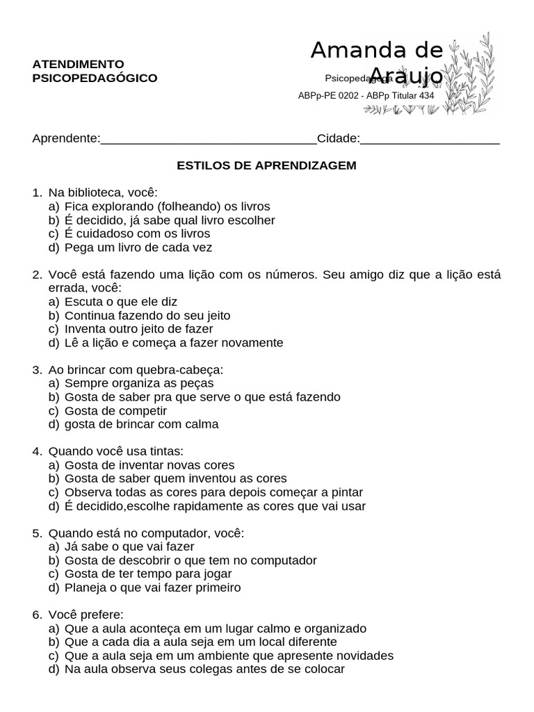 Estilos De Aprendizagem Avaliação E Tipos Pdf