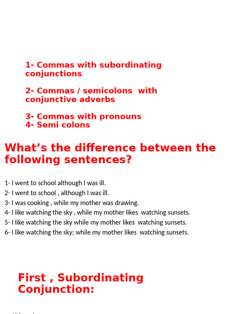 Commas With Subordinating Conjunction - Conjunctive Adverb - ... Semi Colons | PDF | Comma ...