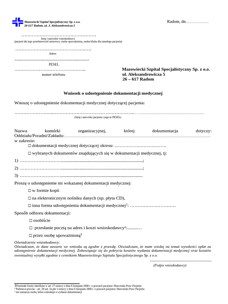 1116B Prawidłowy Wniosek o Udostepnienie Dokumentacji Medycznej 2020-Zmiany-1 | PDF