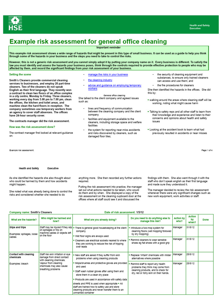 Office Cleaning Risk Assessment Example | PDF | Risk Assessment | Risk