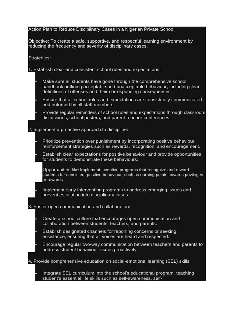 Action Plan To Reduce Disciplinary Cases in A Nigerian Private School ...
