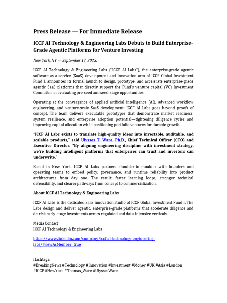 ICCF AI Labs Press Release 2025-09-17 | PDF