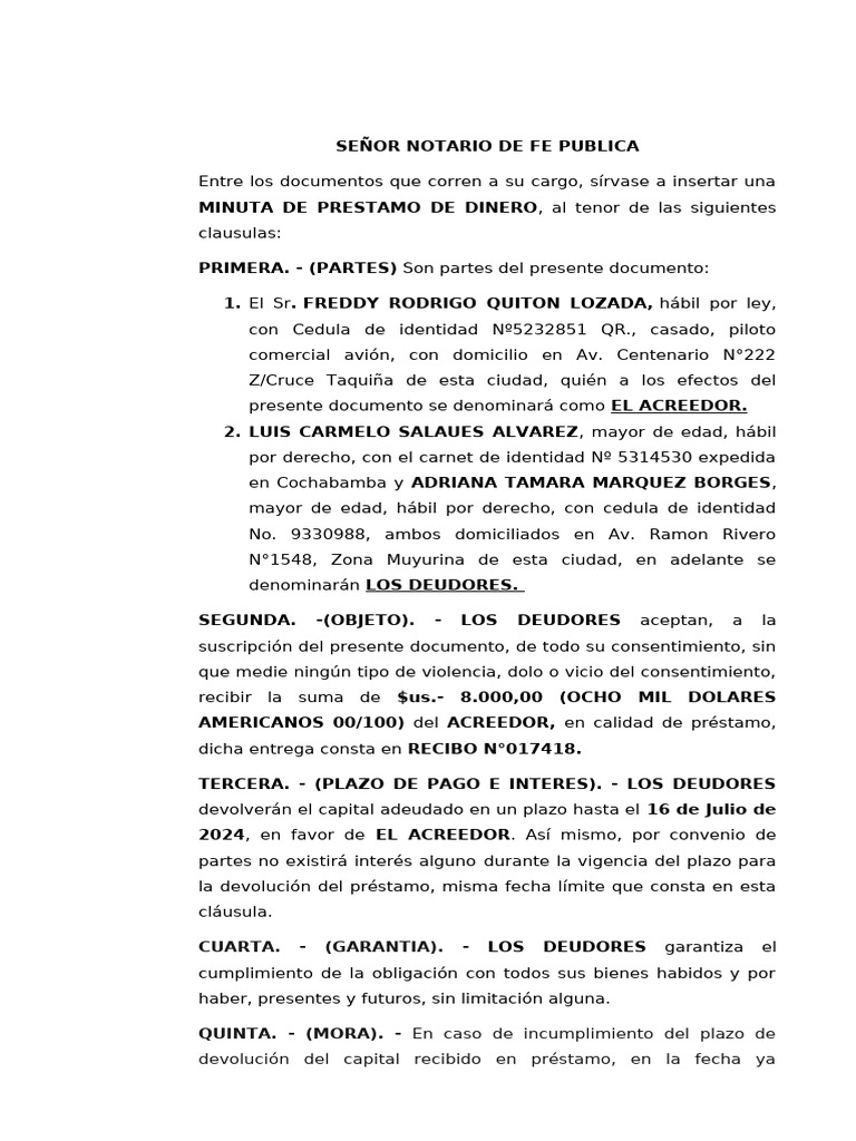 Prestamo de Dinero Freddy Rodrigo Quiton Lozada | PDF | Pagos