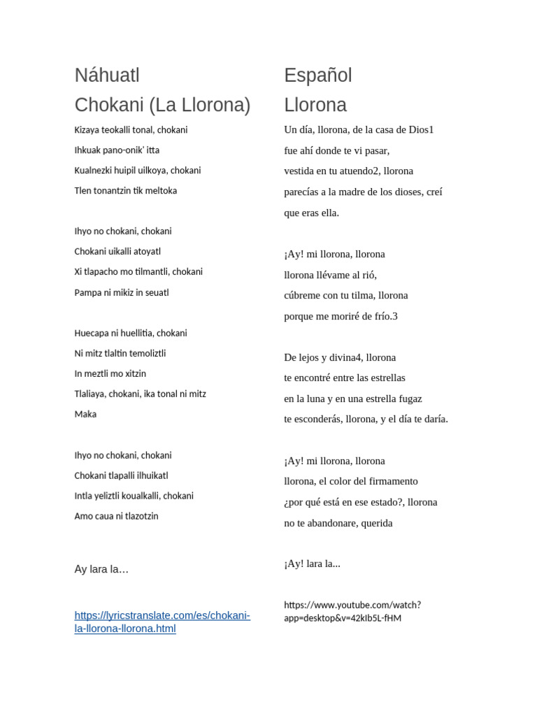 Letra de "La Llorona" en Náhuatl y Español | PDF