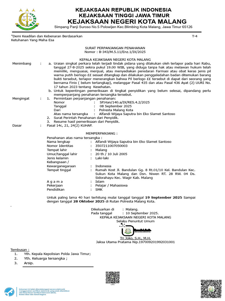 Surat Perpanjangan Penahanan ALFANDI | PDF