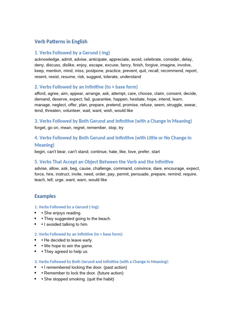 Verb Patterns List With Examples | PDF
