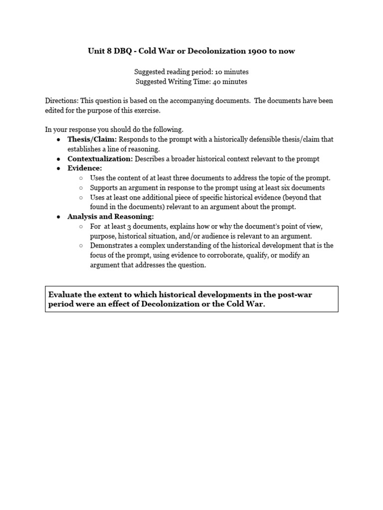 Unit 8 DBQ - Cold War or Decolonization 1900 To Now | PDF | Central ...