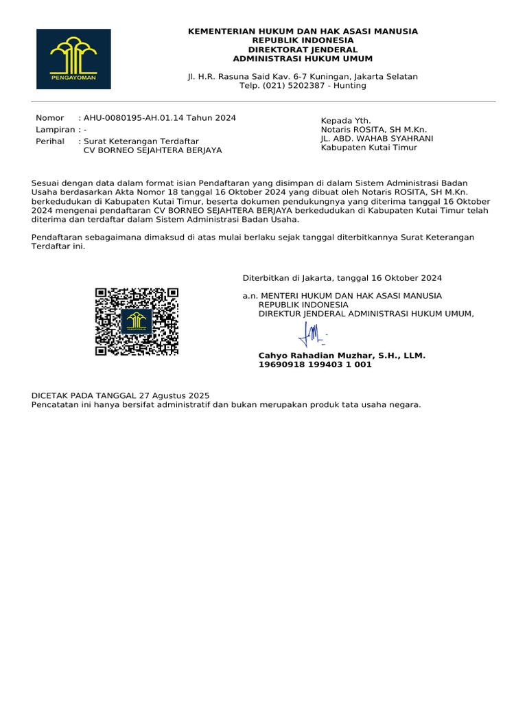 Surat Keterangan Terdaftar AHU-0080195-AH.01.14 Tahun 2024 | PDF