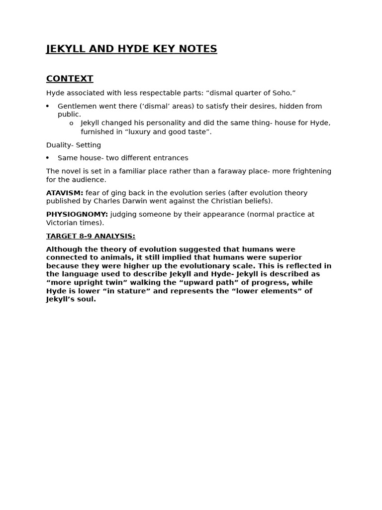 Jekyll and Hyde Key Notes | PDF