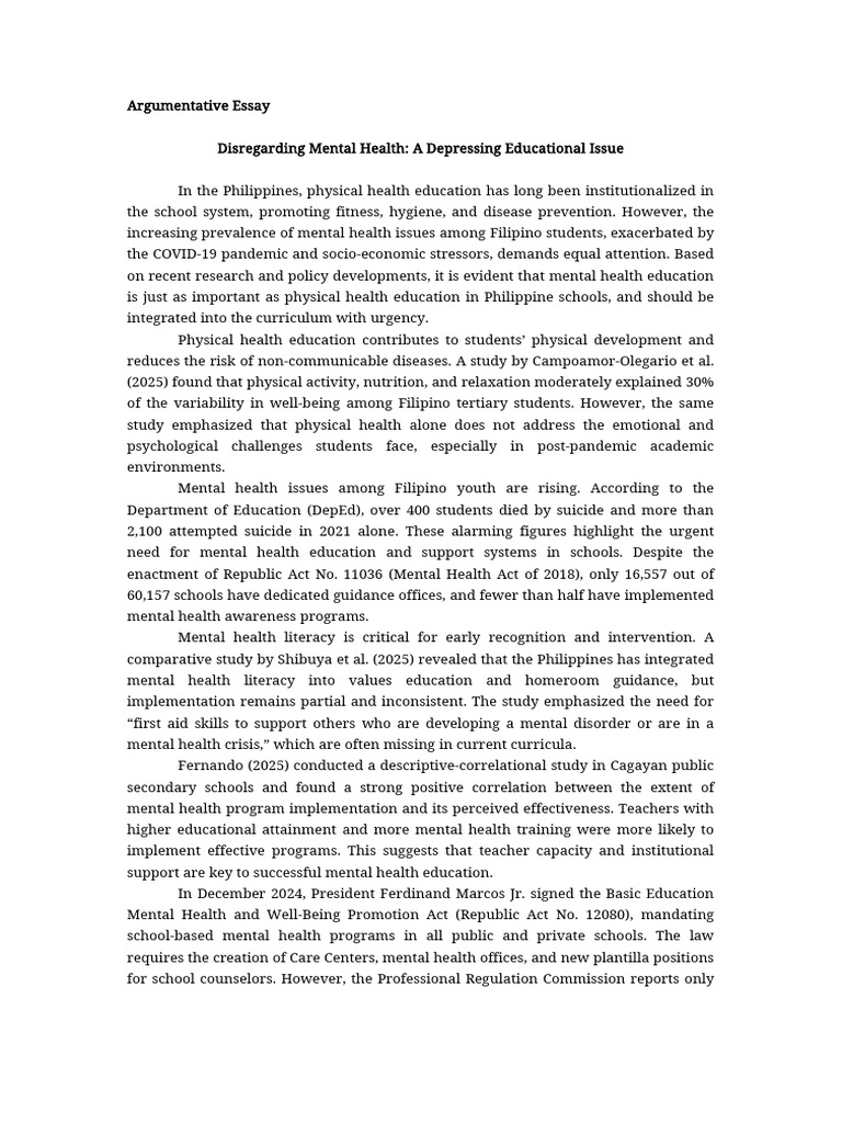 Mental Health Education in Philippine Schools | PDF | Mental Health ...