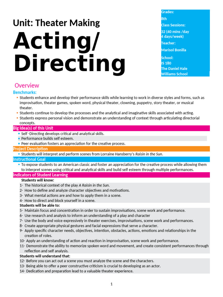8th Grade Theater Unit: Acting & Directing | PDF | Psychology | Learning