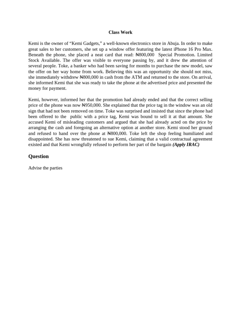 Class Work For Law of Contract 1 | PDF