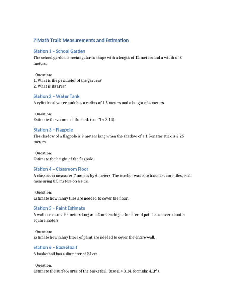 Math Trail: Measurement Challenges | PDF