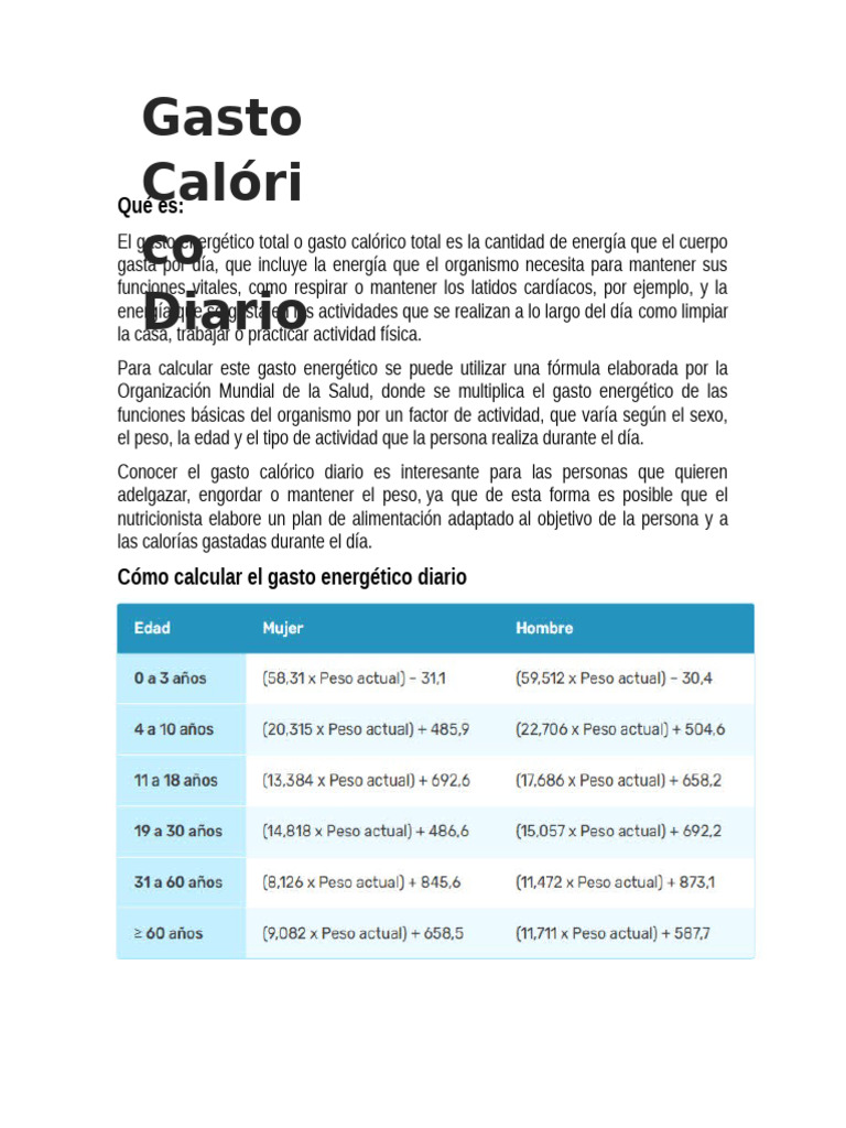 Gasto Calórico Diario: Definición y Cálculo | PDF