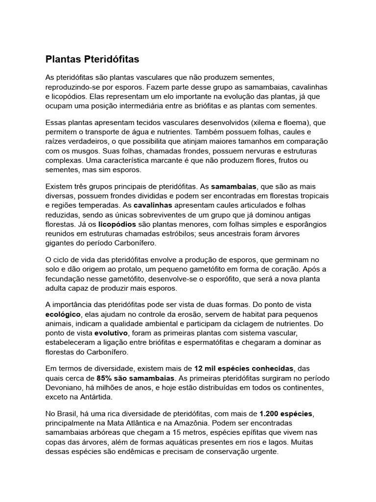 Pteridófitas: Características e Importância | PDF | Samambaia | Plantas