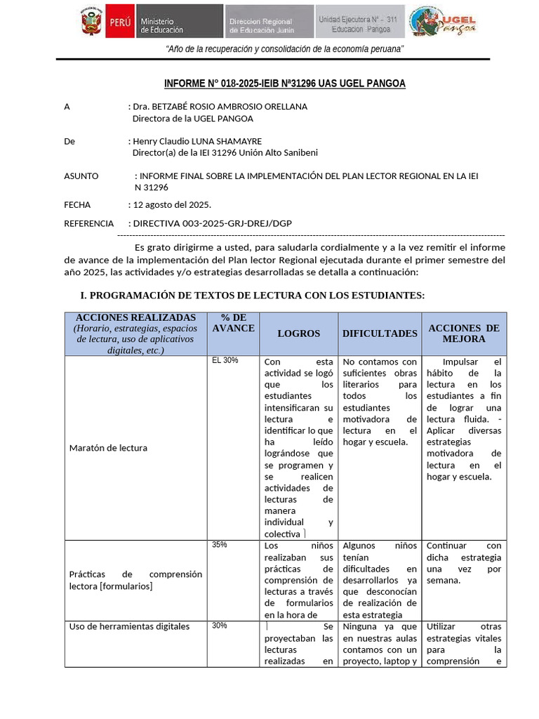 Esquema de Informe de Avance Del Plan Lector 2025 | PDF