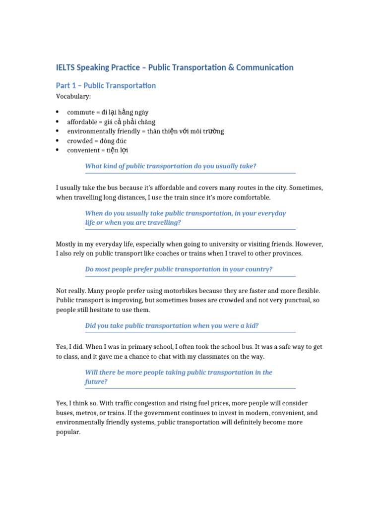 IELTS Speaking: Transport & Communication Tips | PDF | Public Transport ...