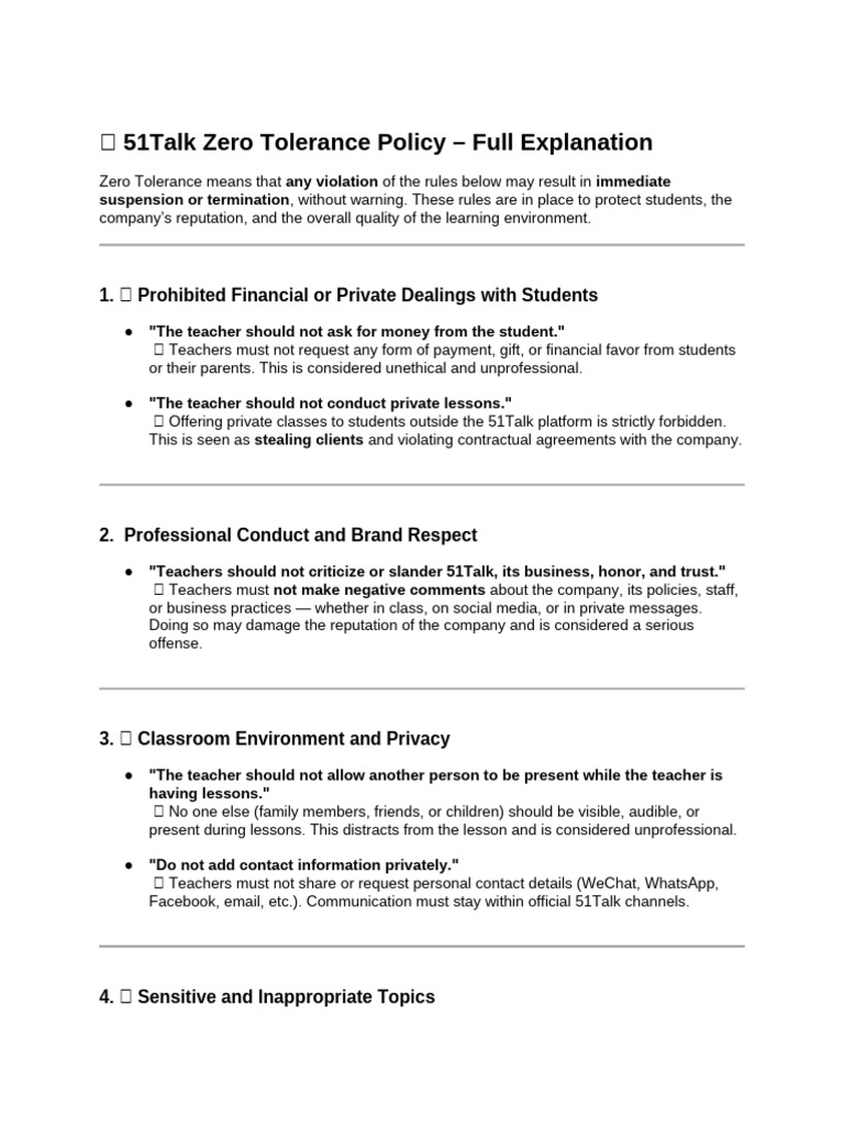 51talk Zero Tolerance Policy Full Explanation | PDF | Teachers | Social Psychology