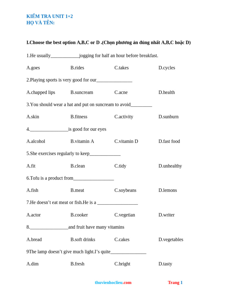 De KT Tieng Anh 7 Global Unit 2 | PDF