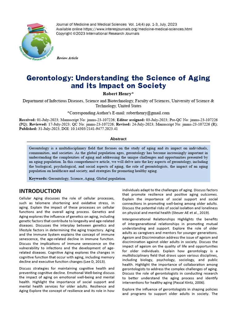 Gerontology Understanding The Science of Aging and Its Impact On ...