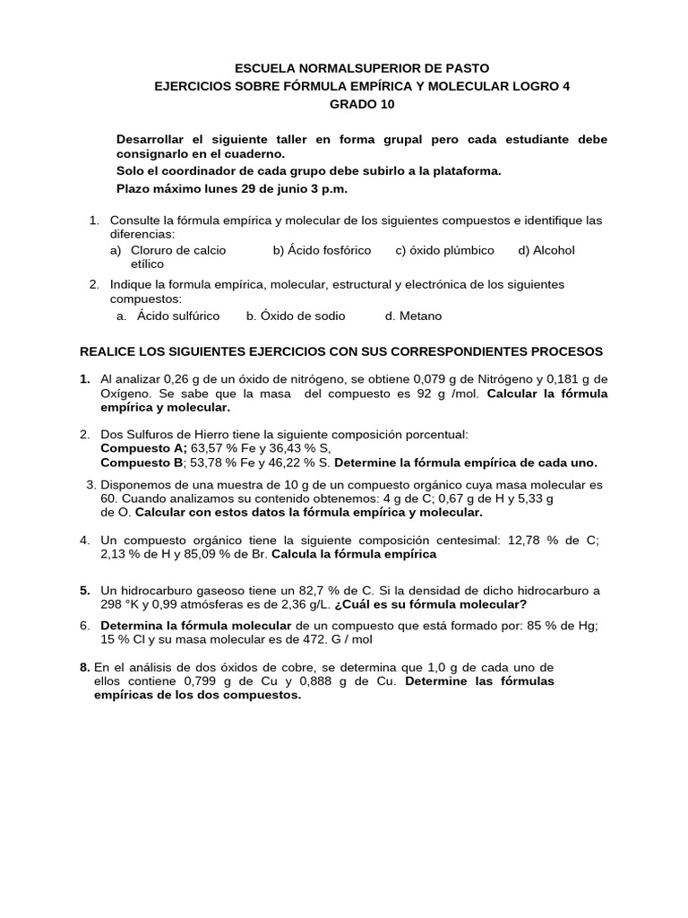 Taller Sobre Formula Empirica y Molecular Logro 4 Grado 10 | PDF