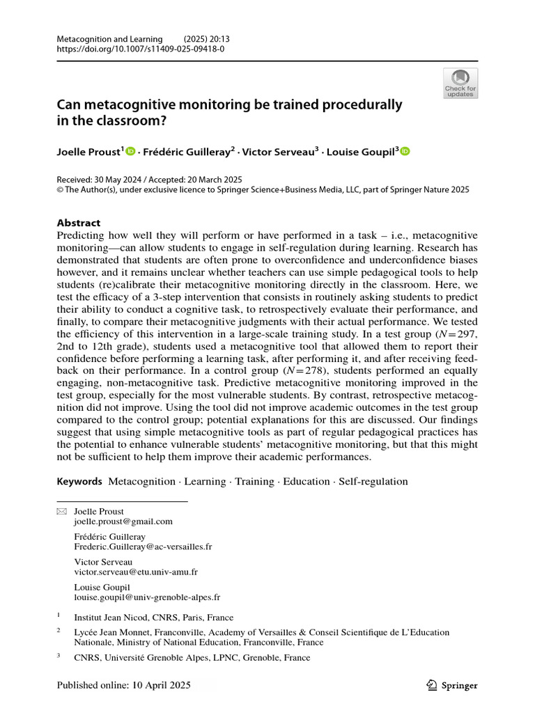 Can Metacognitive Monitoring Be Trained Procedurally in The Classroom ...