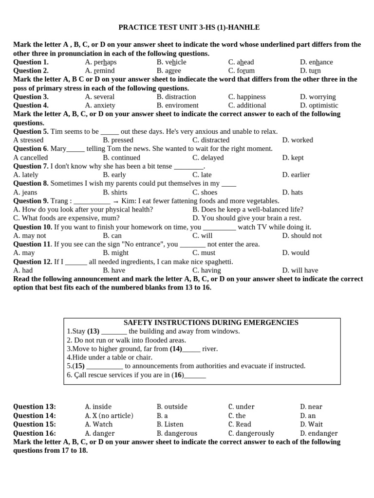 Practice Test Unit 3 Hs 1 Hanhle | PDF | Adolescence | Weight Loss