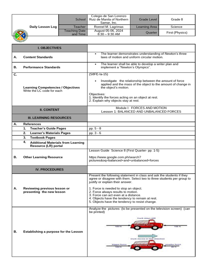 Science8 DLL q1 Final | PDF | Force | Mass
