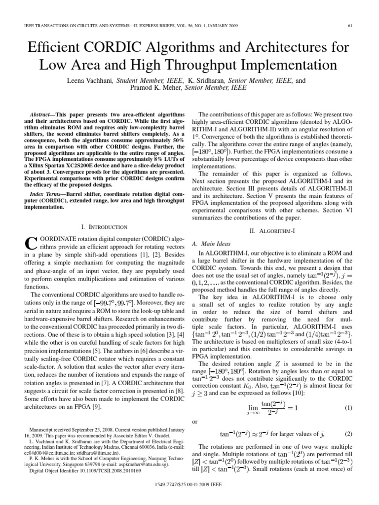 1.leena Efficient CORDIC Algorithms and Architectures For Low Area and High Throughput ...