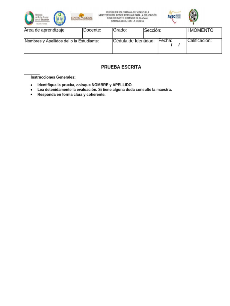 Instrucciones para Prueba Escrita Escolar | PDF