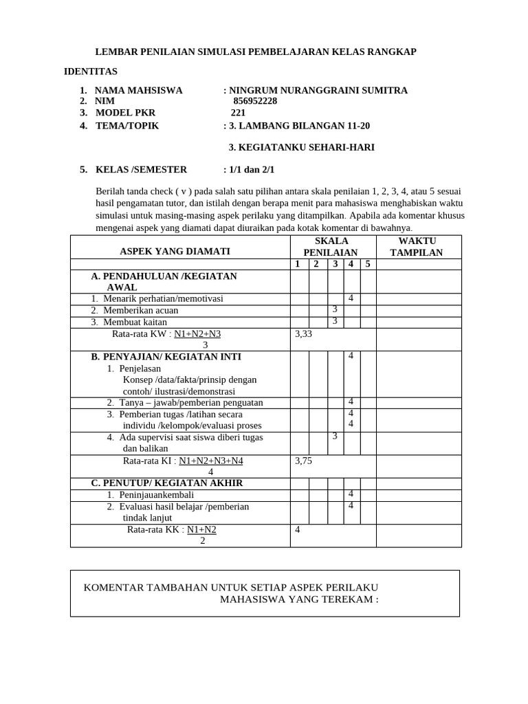 Lembar Penilaian Simulasi Pembelajaran NINGRUM NURANGGRAINI S | PDF