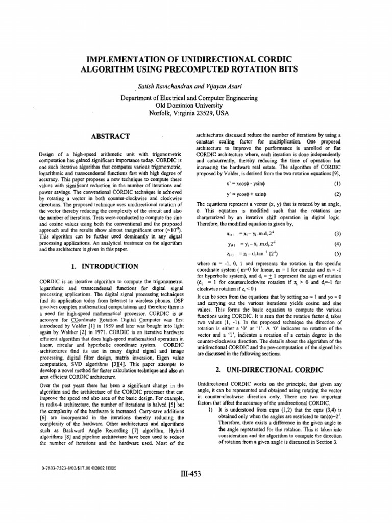 Implementation of Unidirectional CORDIC Algorithm Using Precomputed Rotation Bits | PDF ...