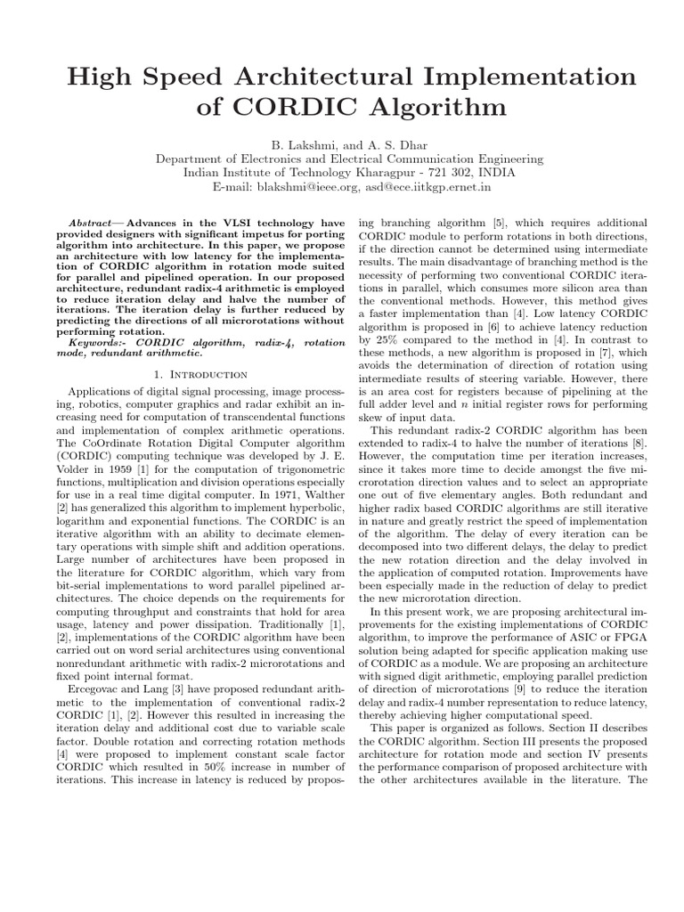 High Speed Architectural Implementation of CORDIC Algorithm............. PAPER2008 | PDF ...