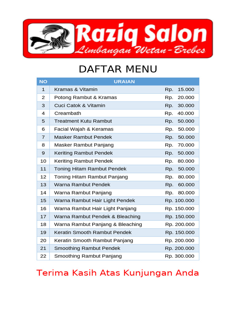 Daftar Menu dan Harga Salon Kecantikan | PDF