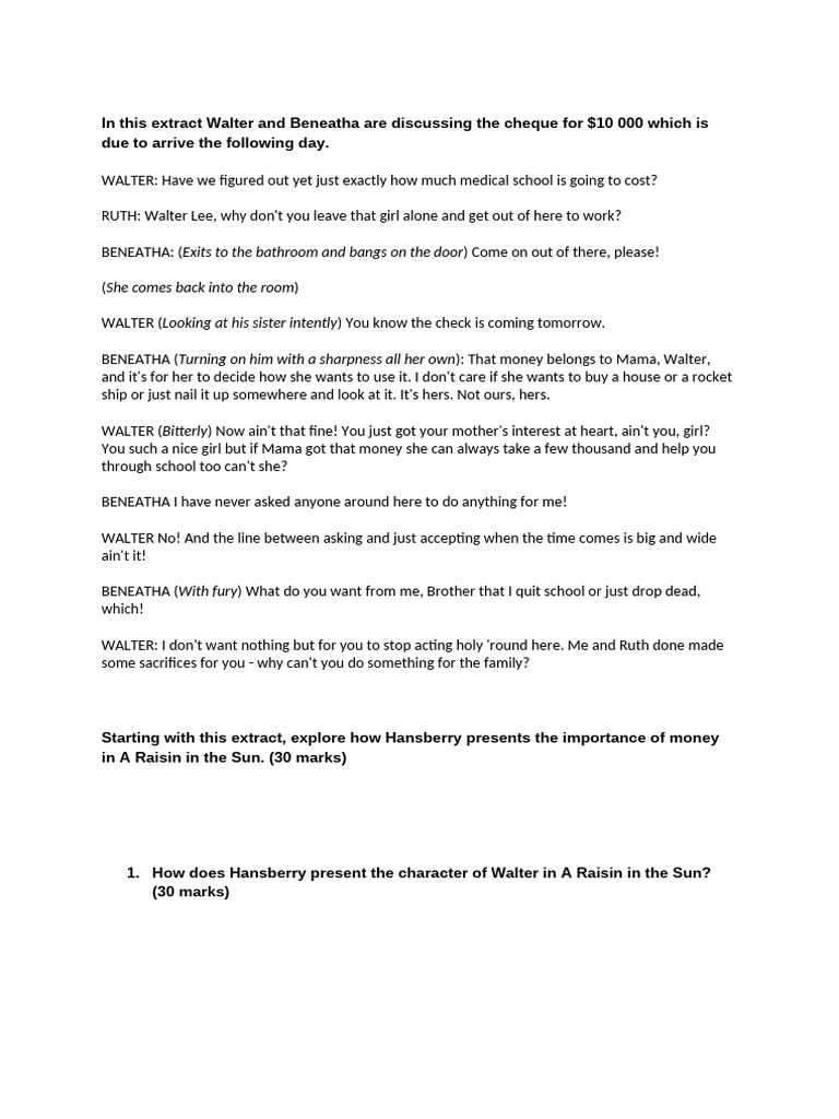 Paper 1 June 19 A Raisin in The Sun Practice | PDF