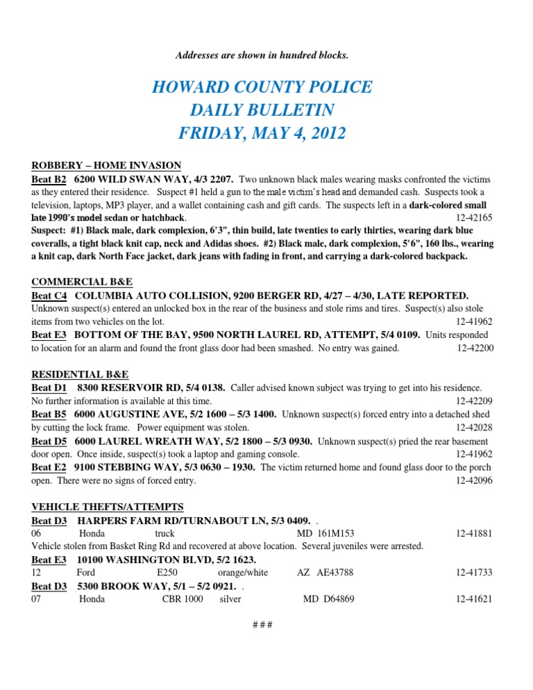 Police Daily Crime Bulletin 20120502 | PDF | Travel | Law