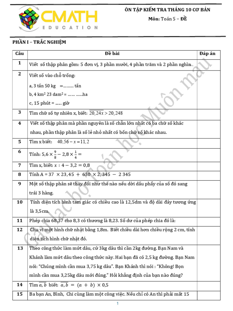 (Toán 5 - CB (2) ) Kiểm Tra Tháng 10 Đề | PDF