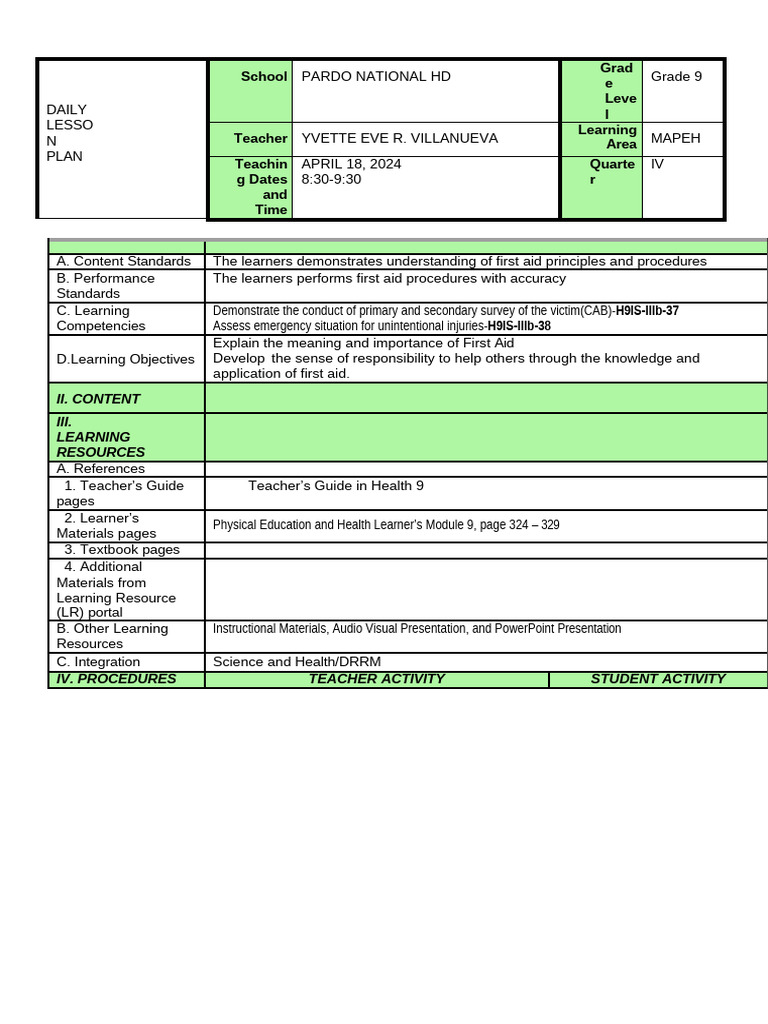 Lesson Plan Cot Grade 9 Health Third | PDF | First Aid | Learning