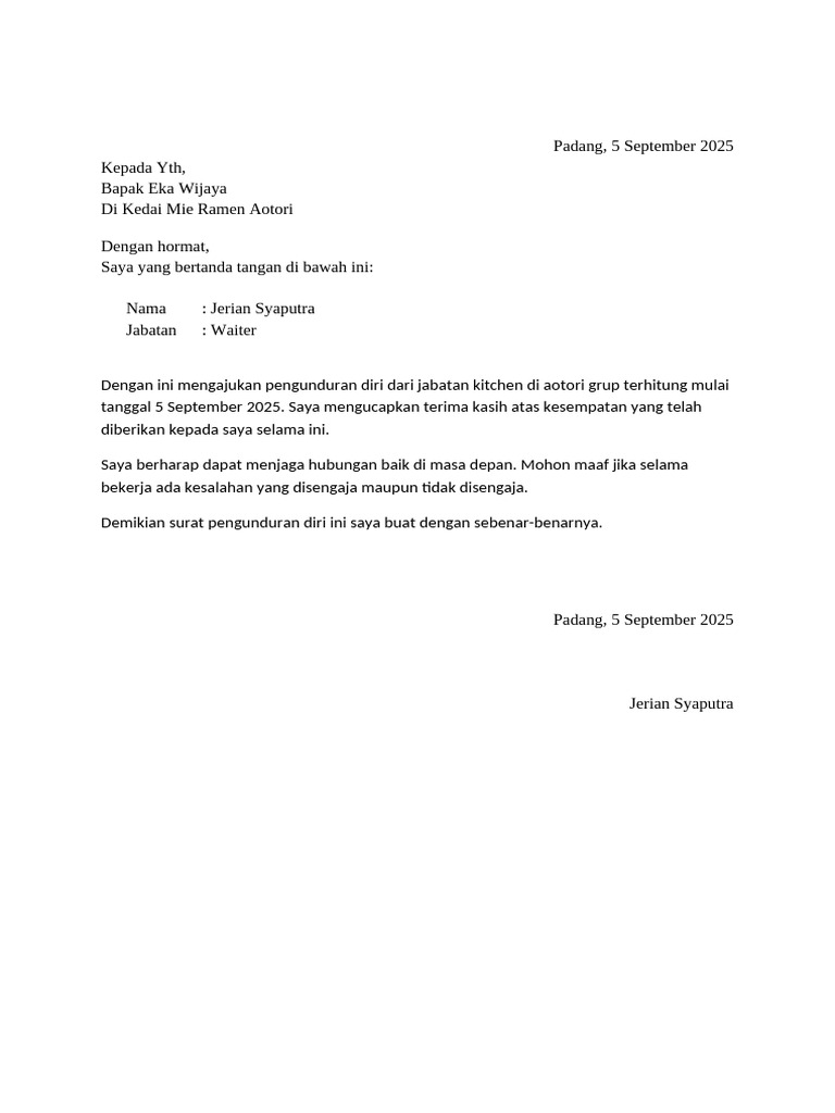 Surat Pengunduran Diri Jerian Syaputra | PDF
