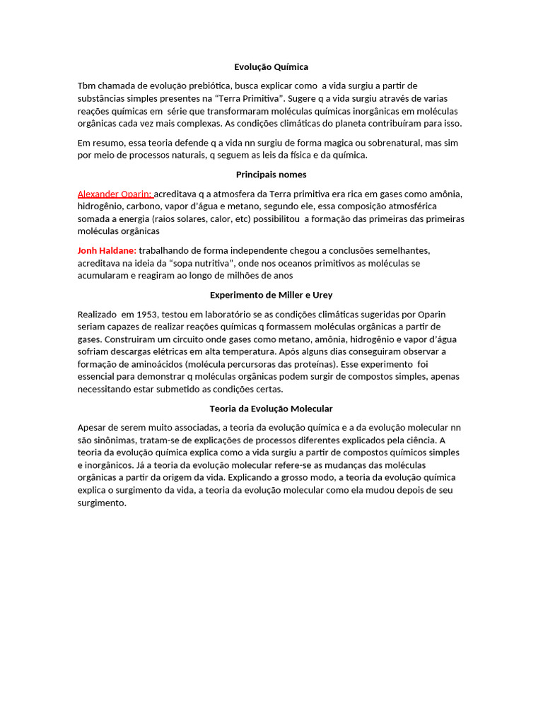 Evolução Química (Resumo Pessoal) | PDF
