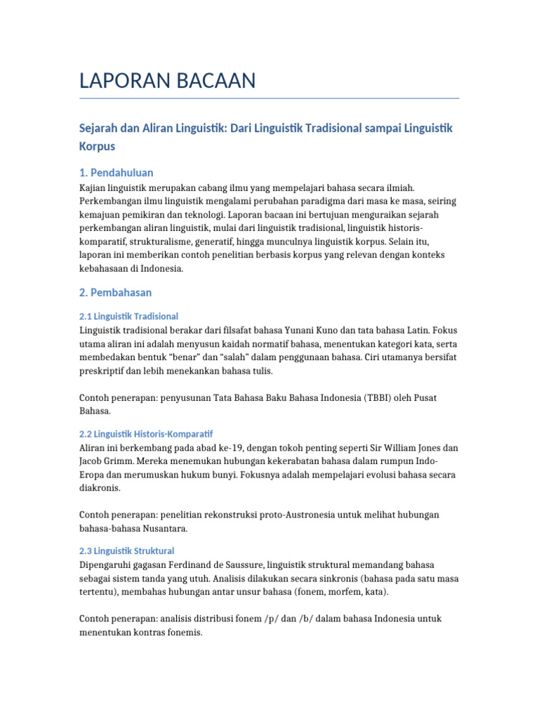 Laporan Bacaan Sejarah Dan Aliran Linguistik | PDF