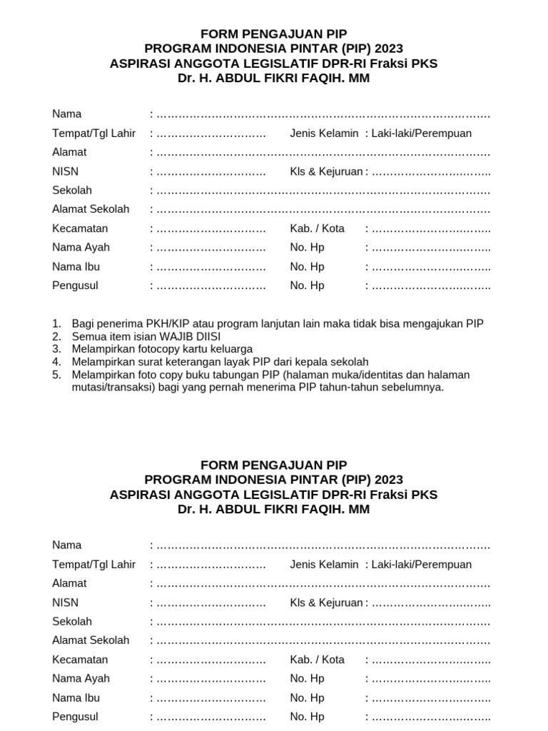 Formulir Pengajuan PIP 2023 | PDF