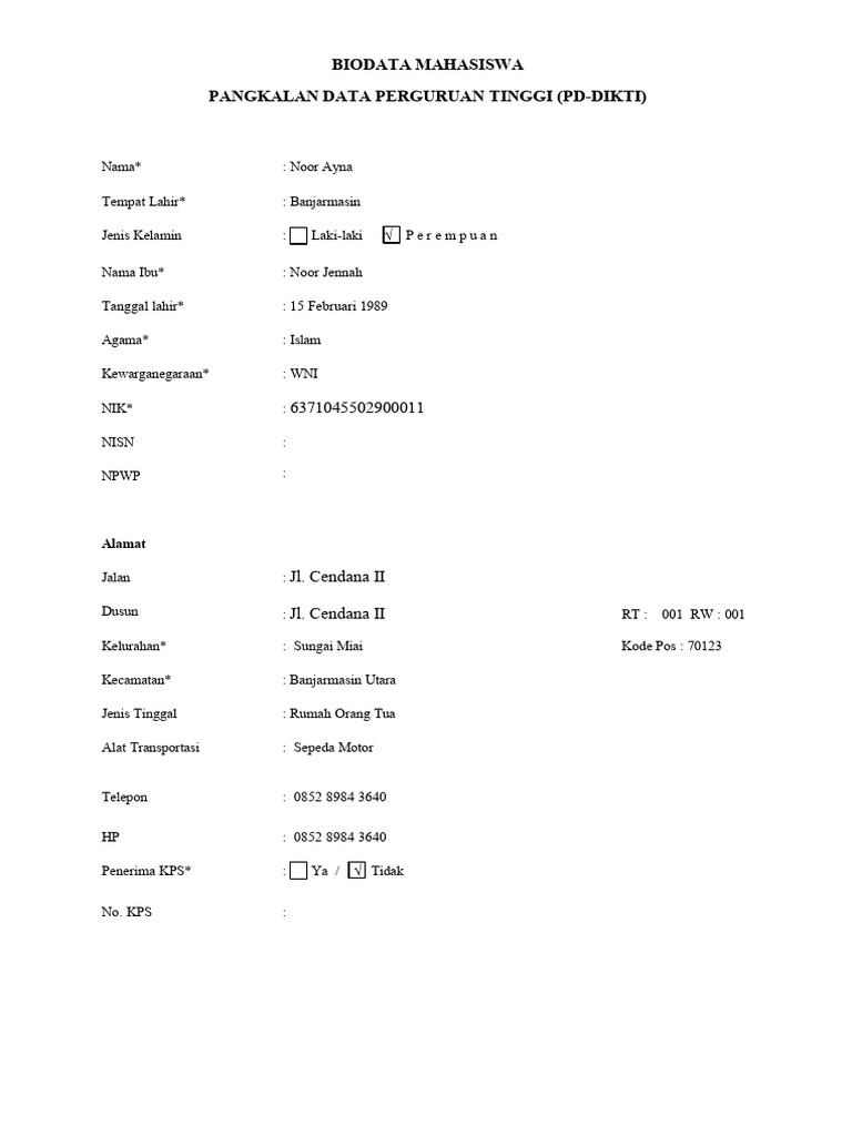 Biodata Mahasiswa PD Dikti Noor Ayna | PDF